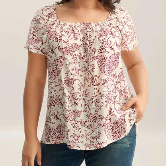 BloomChic | Tops | Bloomchic Floral Print Shirred Neck Flowy Blouse ...